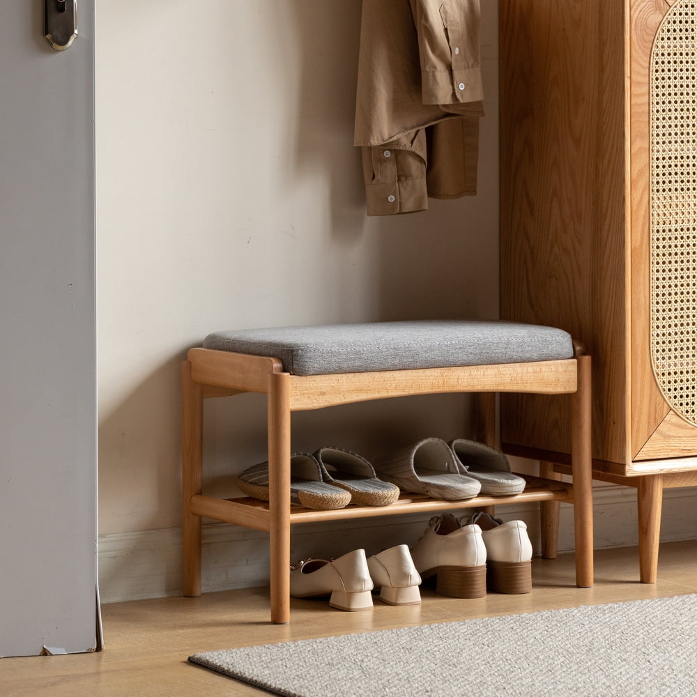 Natural Solid Wood Shoe Bench, Mid-Century Modern Storage Bench with ...