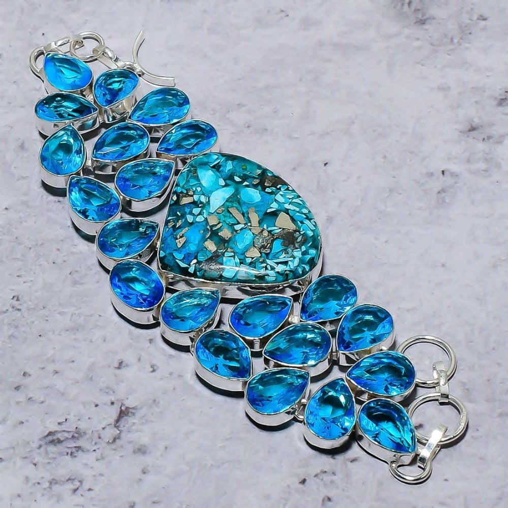 Natural Spiny Oyster, Blue Topaz Gemstone 925 Sterling Silver Bracelet ...
