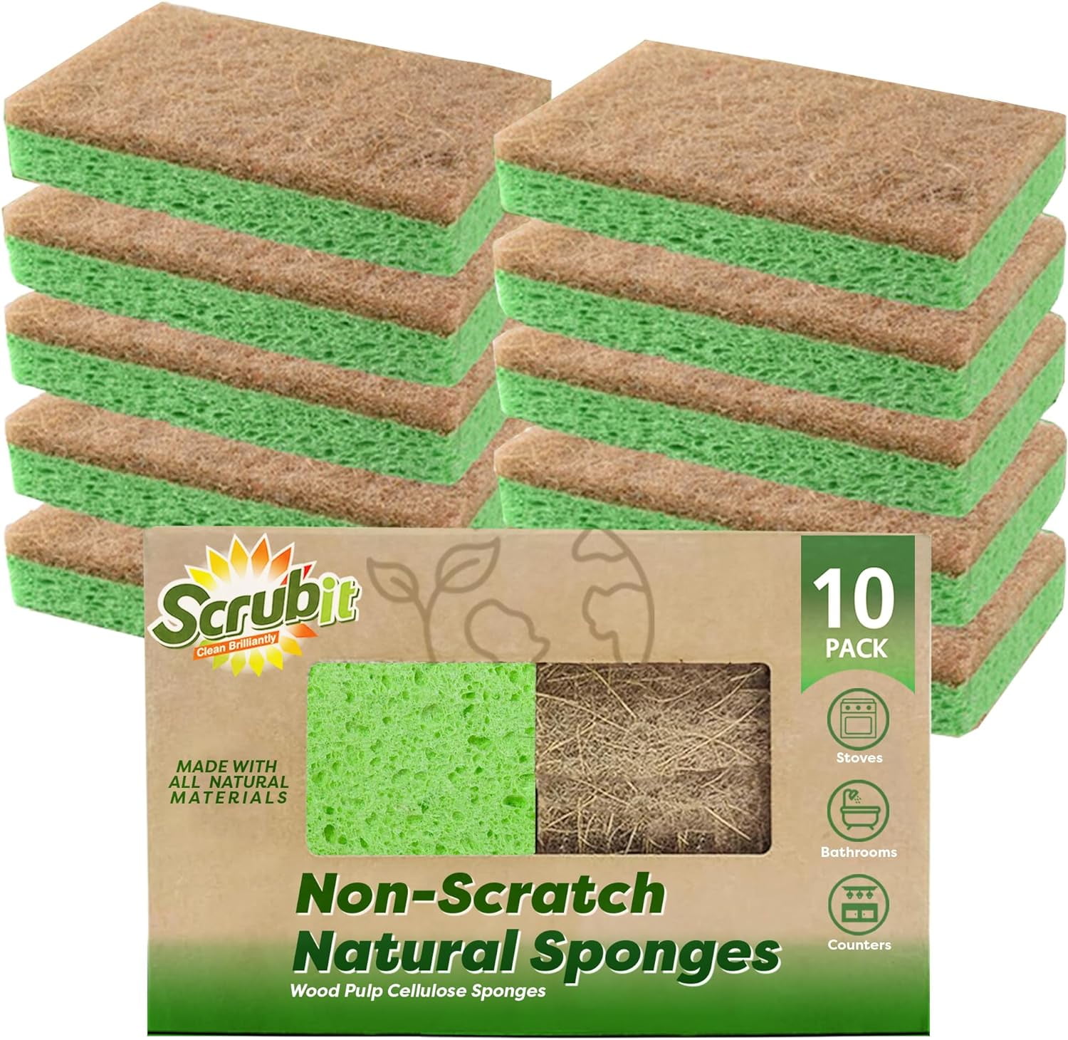 Natural Sponges - 10 Pack Biodegradable Compostable Cellulose and ...