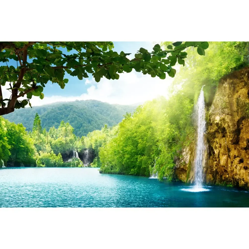 Natural Spring Forest Backdrop Jungle Gre Waterfall Mountain Sunset ...