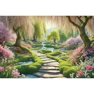 Natural Spring Photo Backdrop Gre Tree Pink Flower River Photo ...