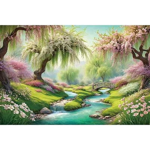 Natural Spring Photo Backdrop Gre Tree Pink Flower River Photo ...