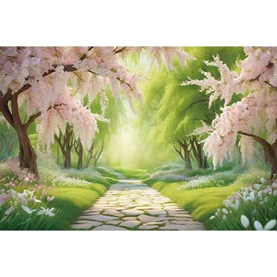 Natural Spring Photo Backdrop Gre Tree Pink Flower River Photo ...