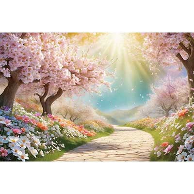 Natural Spring Photo Backdrop Gre Tree Pink Flower River Photo ...