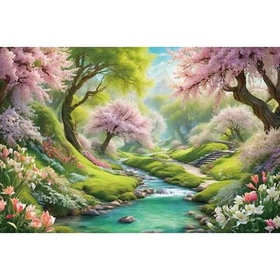 Natural Spring Photo Backdrop Gre Tree Pink Flower River Photo ...