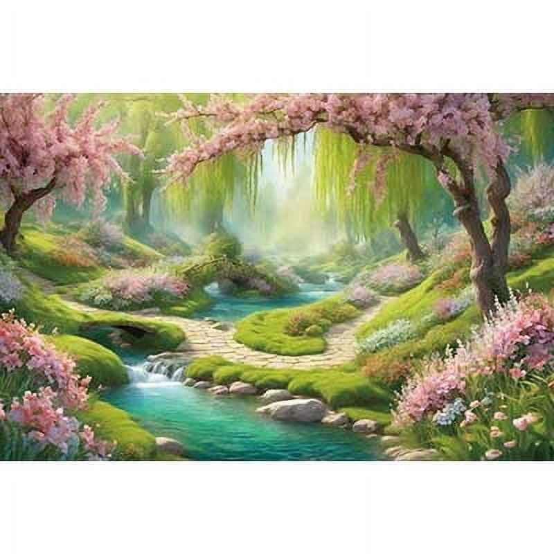 Natural Spring Photo Backdrop Gre Tree Pink Flower River Photo ...