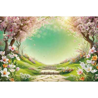 Natural Spring Photo Backdrop Gre Tree Pink Flower River Photo ...