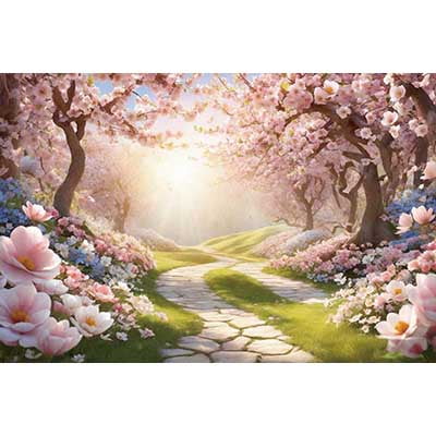 Natural Spring Photo Backdrop Gre Tree Pink Flower River Photo ...