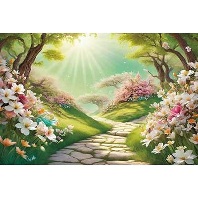 Natural Spring Photo Backdrop Gre Tree Pink Flower River Photo ...