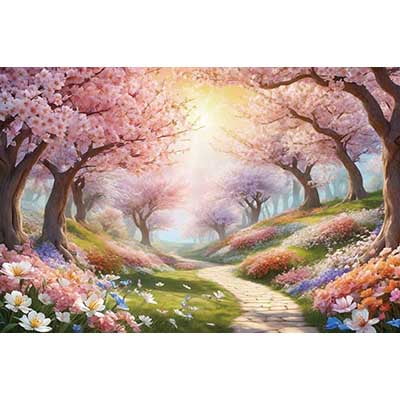 Natural Spring Photo Backdrop Gre Tree Pink Flower River Photo ...