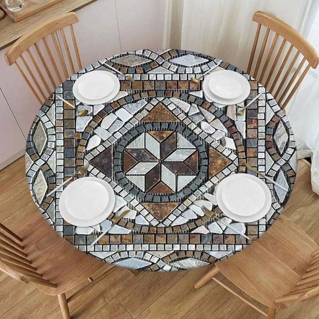 Natural Stone Mosaic Round Tablecloth Marble Elastic Fitted Table ...