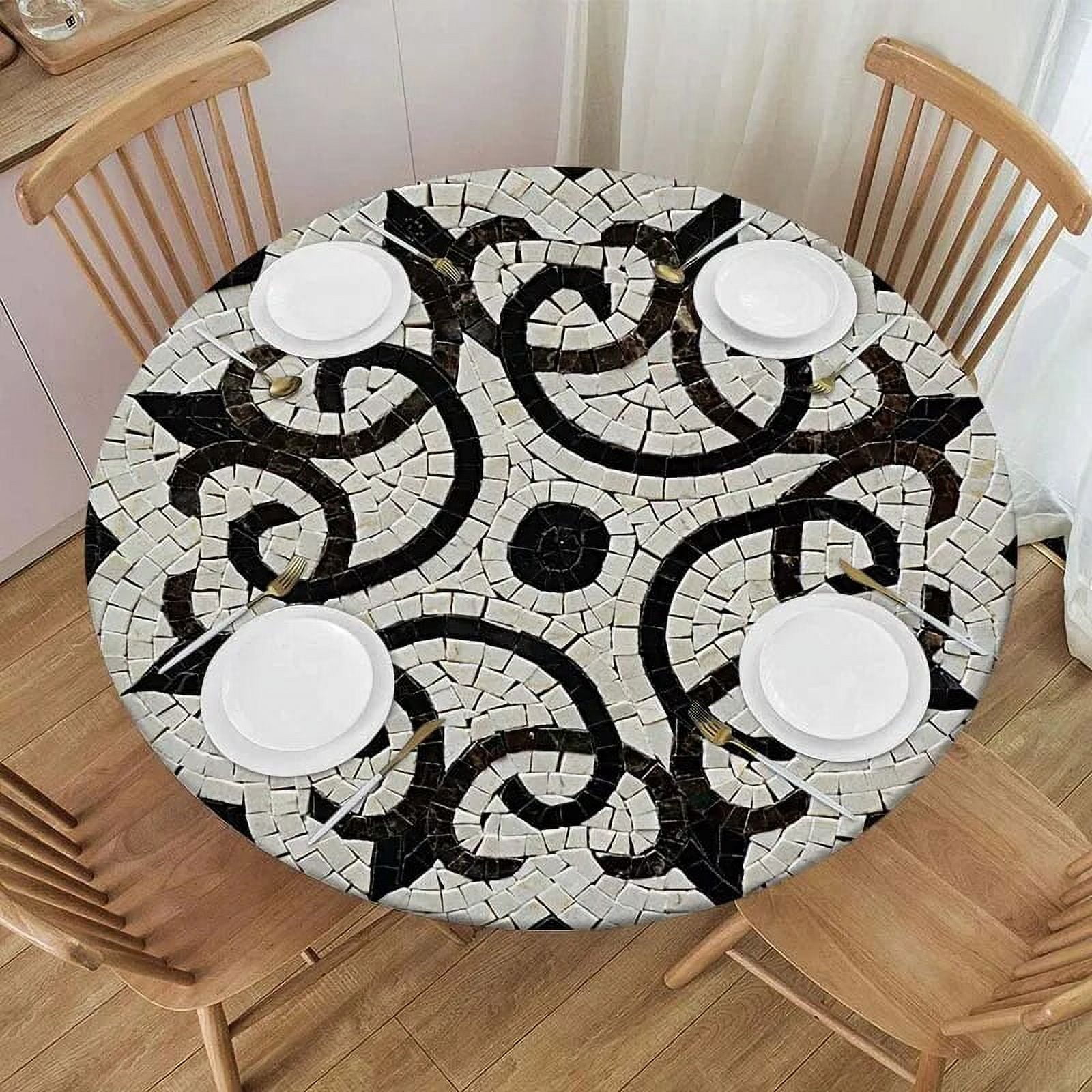 Natural Stone Mosaic Round Tablecloth Marble Elastic Fitted Table ...