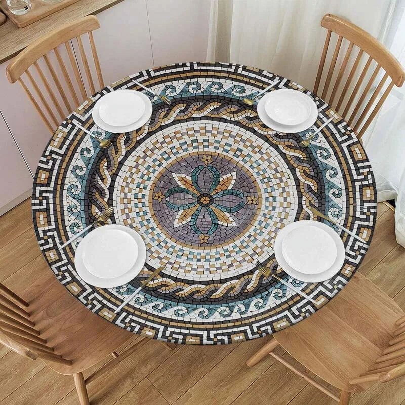 Natural Stone Mosaic Round Tablecloth Marble Elastic Fitted Table ...