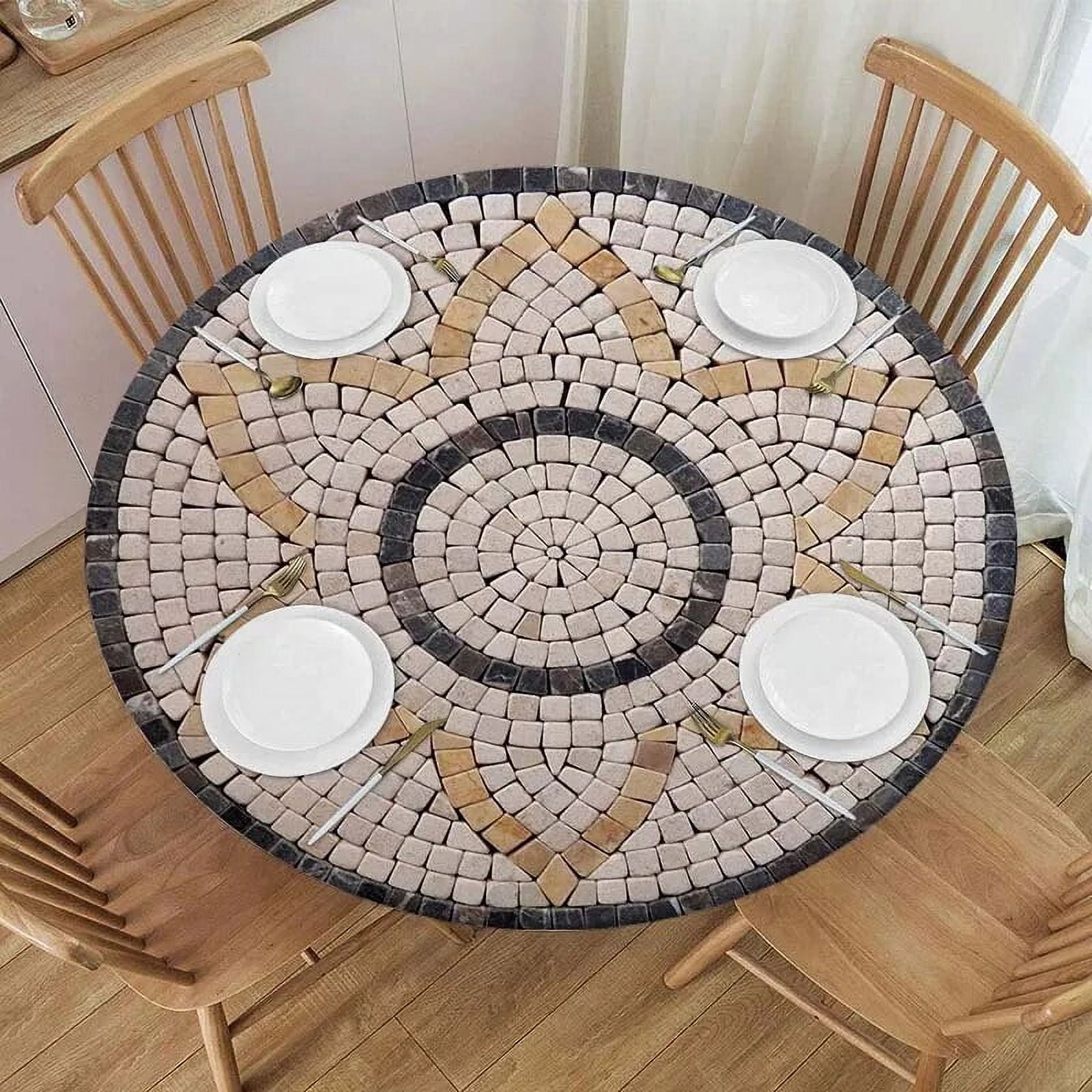Natural Stone Mosaic Round Tablecloth Marble Elastic Fitted Table ...