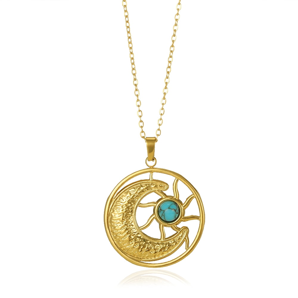 Natural Stone Necklace Gold color Sun And Moon Phase Chain Pendant ...