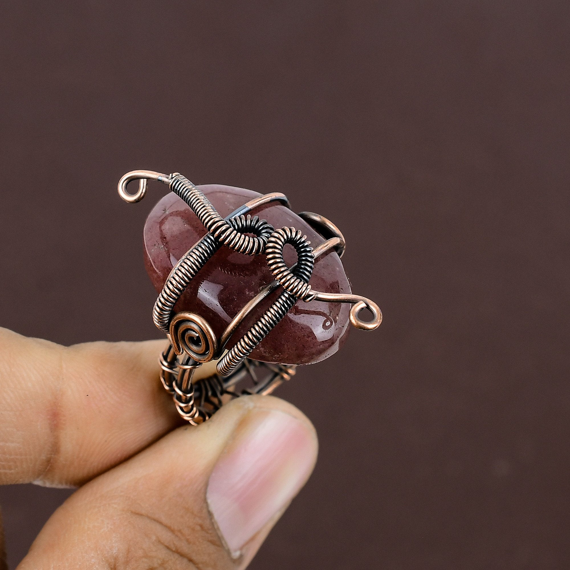 Natural Strawberry Quartz Gemstone Handmade Copper Wire Wrap Ring Size ...