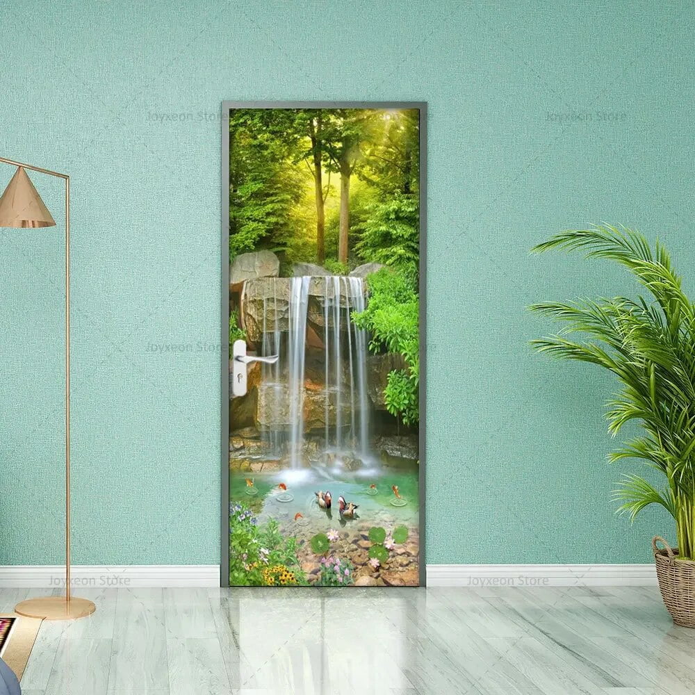 Natural Style Door Green Deep Forest Waterfall Scene Poster Vinyl PVC ...