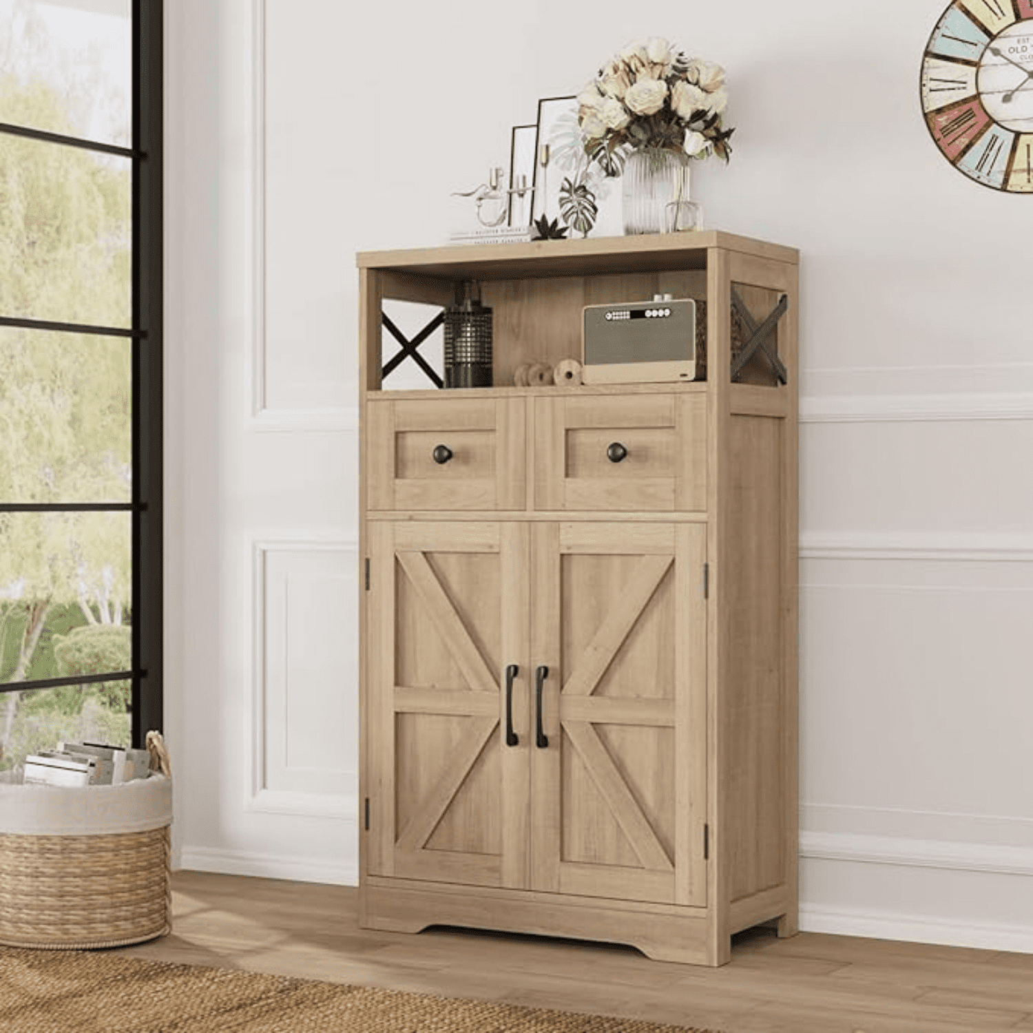Natural Style Storage Cabinet with Drawers and Shelves, Standing ...