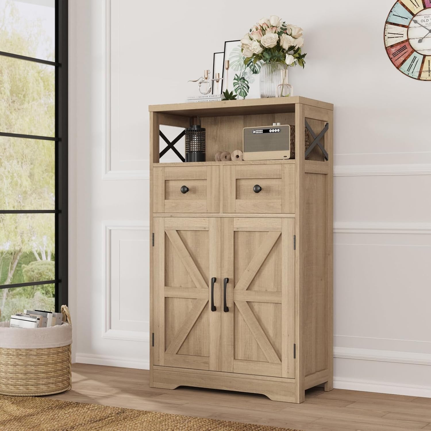 Natural Style Storage Cabinet with Drawers and Shelves, Standing ...