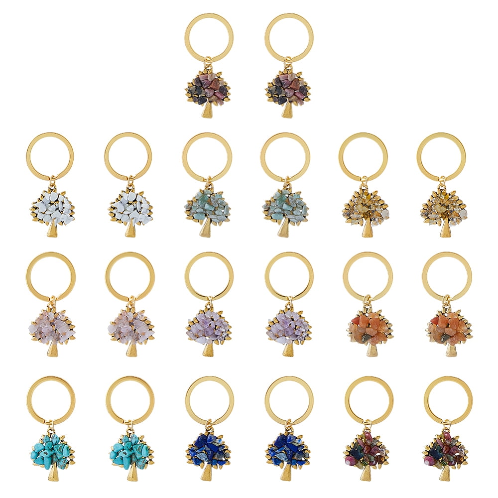 Natural & Synthetic Gemstone Keychain with Alloy Rings with Tree of ...