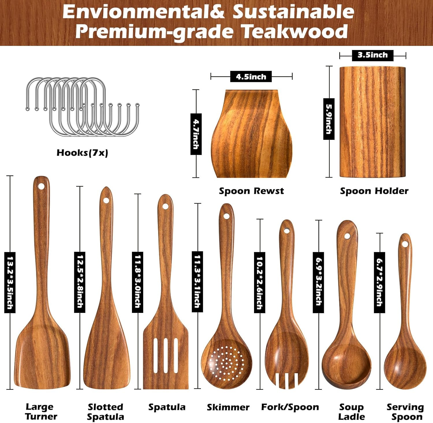 Natural Teak Kitchen Cooking Utensil Set with Holder, Wooden Spoons for ...