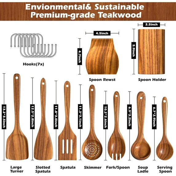Natural Teak Kitchen Cooking Utensil Set with Holder, Wooden Spoons for ...