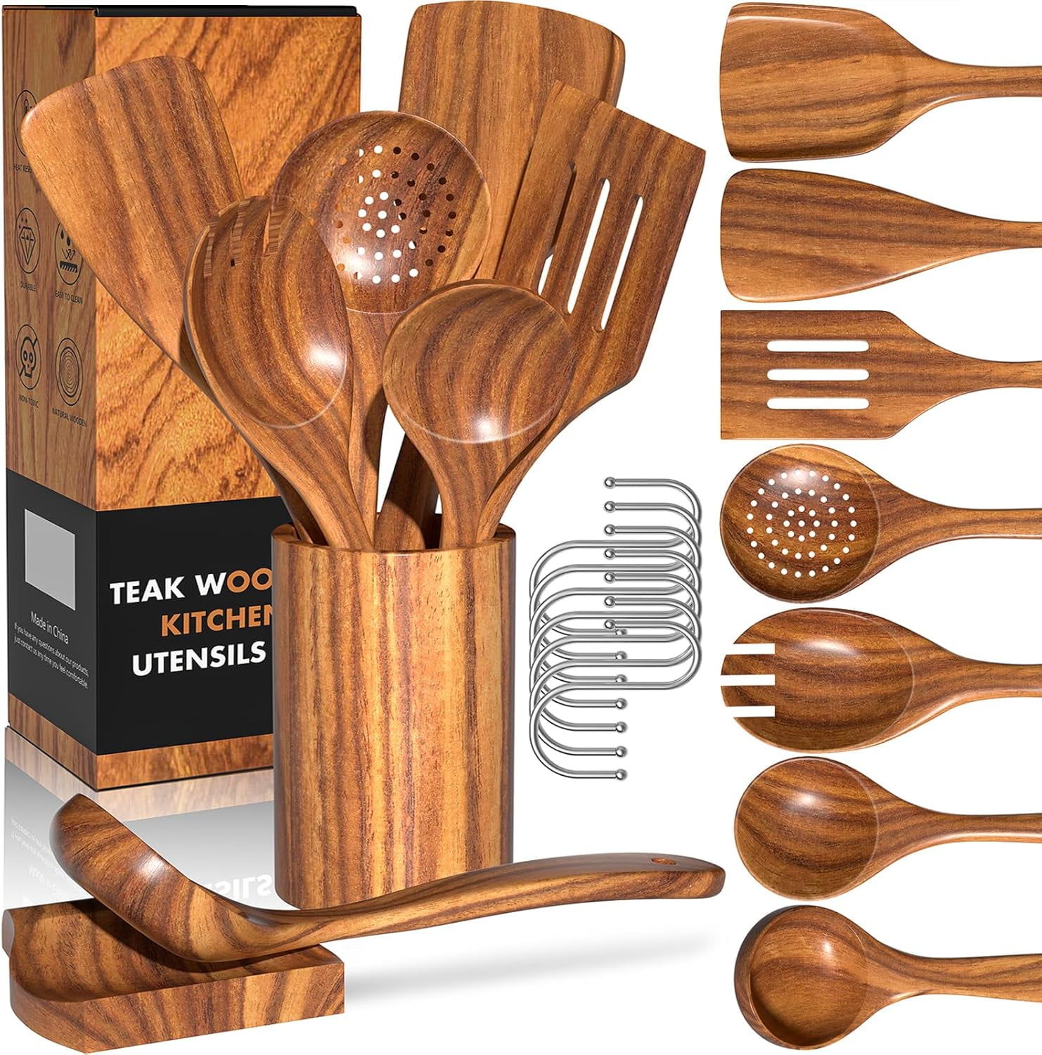 Natural Teak Kitchen Cooking Utensil Set with Holder, Wooden Spoons for ...