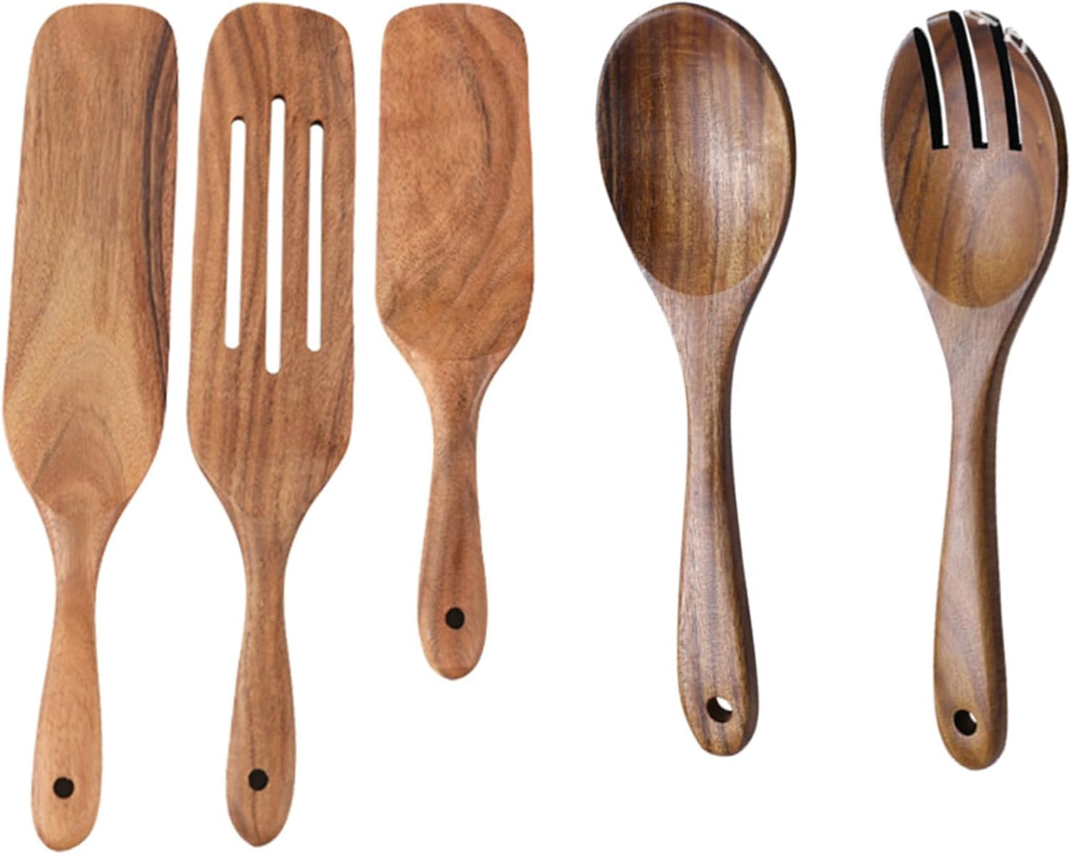 Natural Teak Wooden Cooking Utensils Set of 5:Nonstick Wooden Kitchen ...