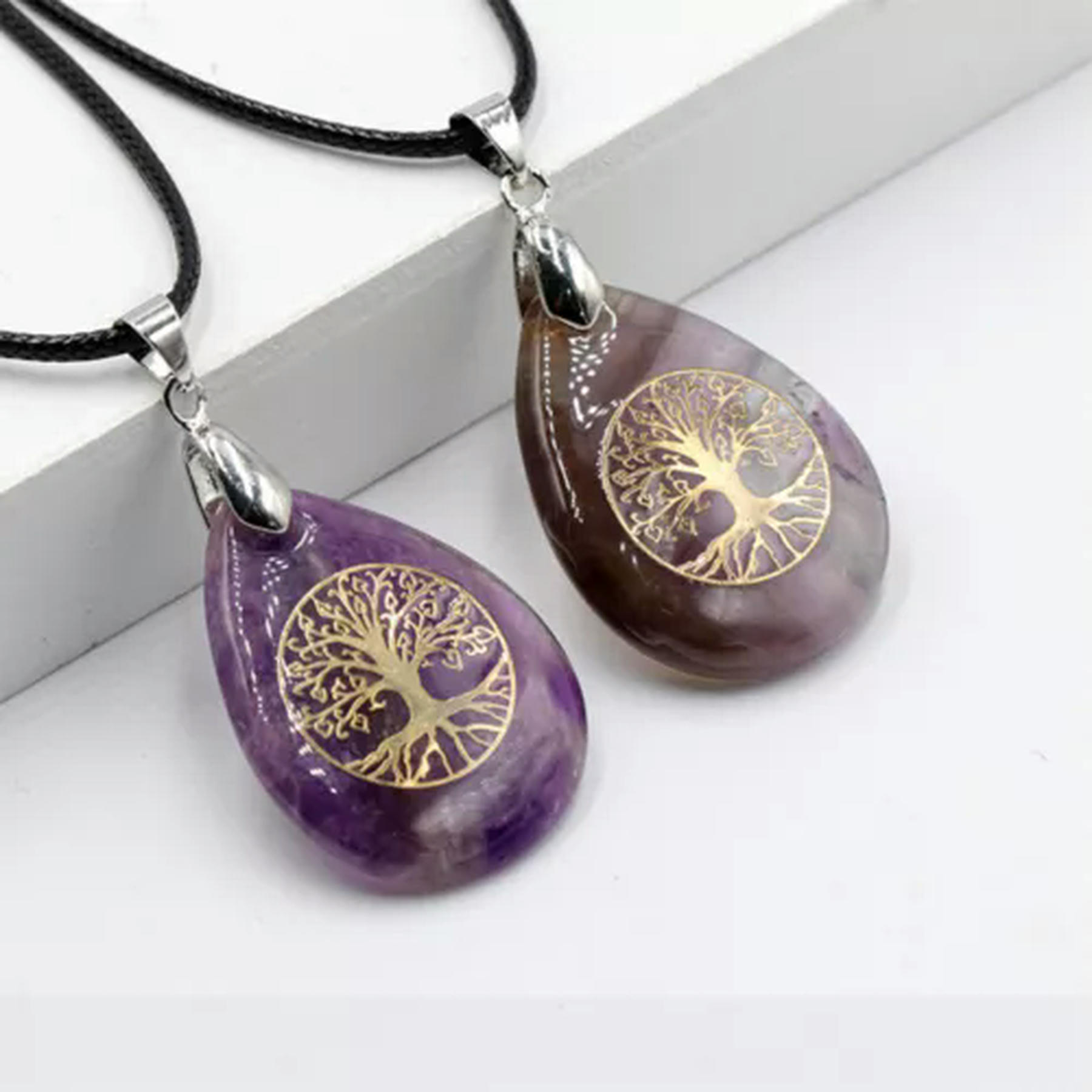 Natural Teardrop Tree of Life Necklace Pendant Germstone Energy Crystal ...
