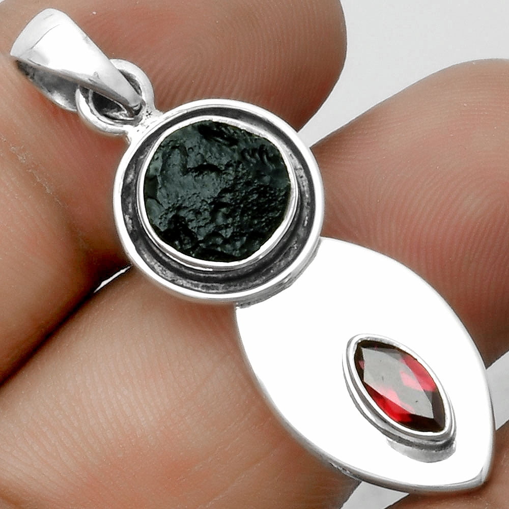 Natural Tektite Rough Greek & Garnet 925 Sterling Silver Pendant ...