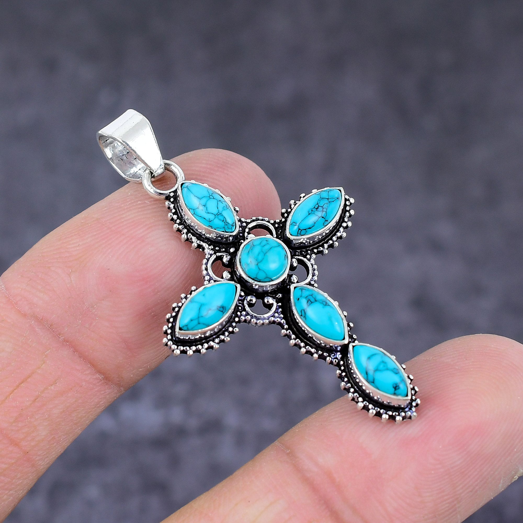Natural Tibetan Turquoise Handmade 925 Sterling Silver Cross Pendant 1. ...