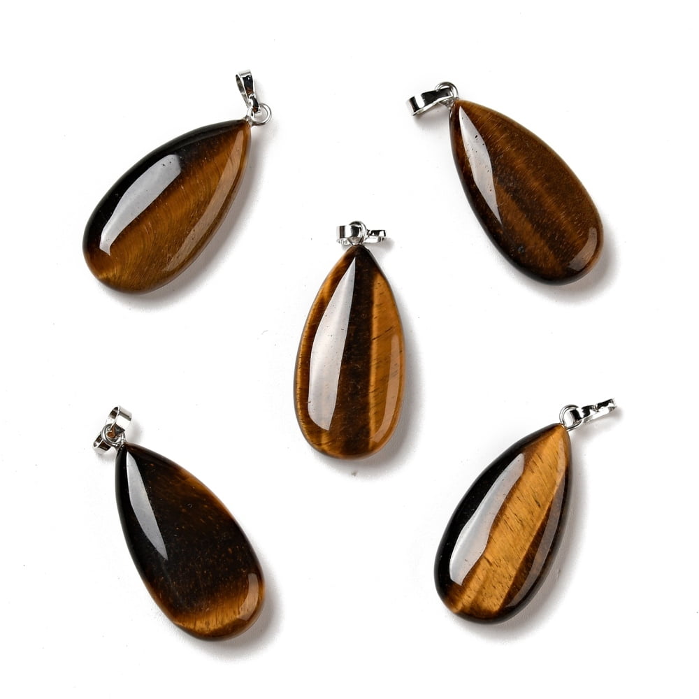 Natural Tiger Eye Pendants with Platinum Tone Brass Findings Teardrop ...
