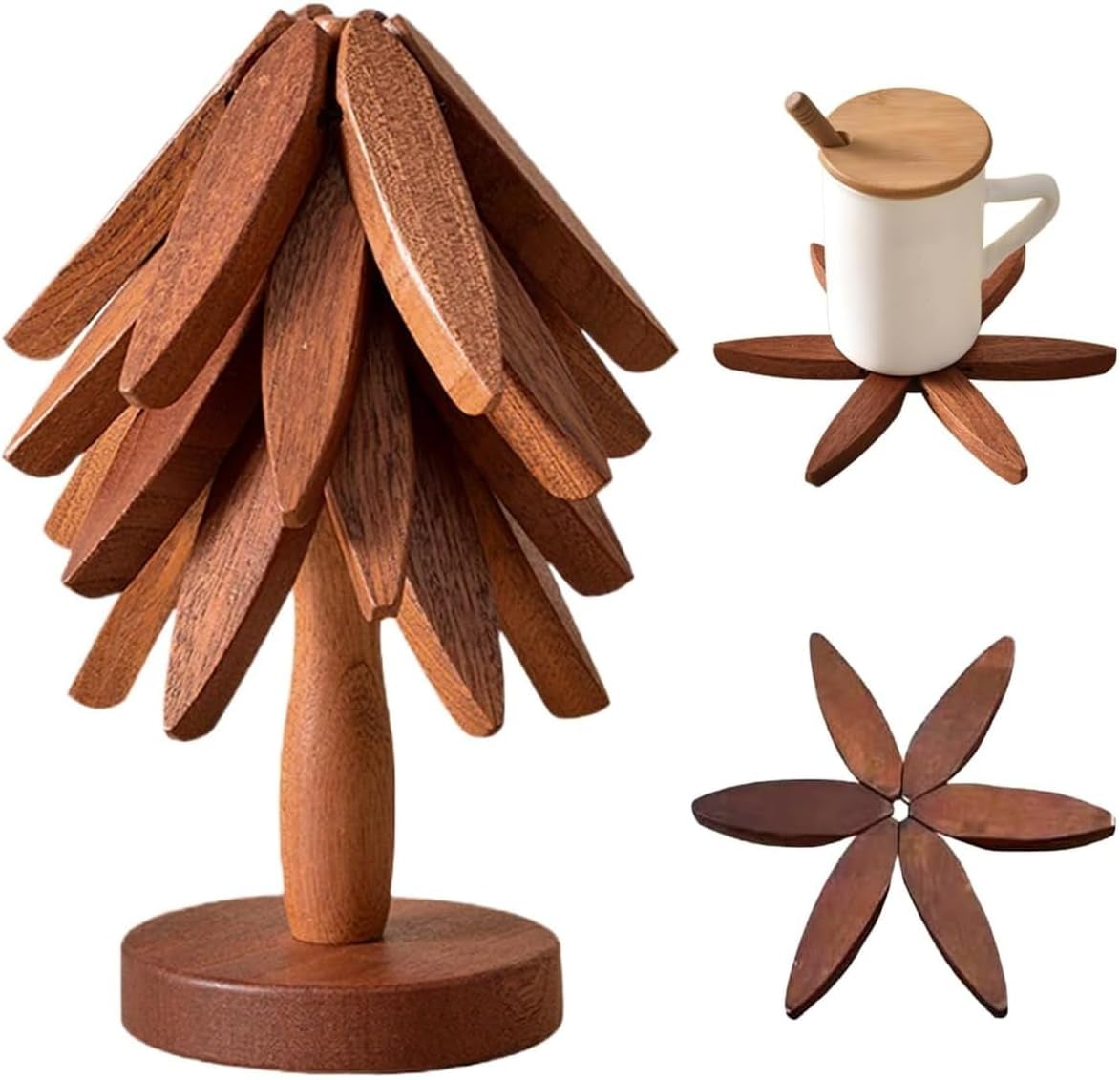 Natural Tree Trivet Set - 4 Wooden Trivets & 1 Stand Like a Christmas ...