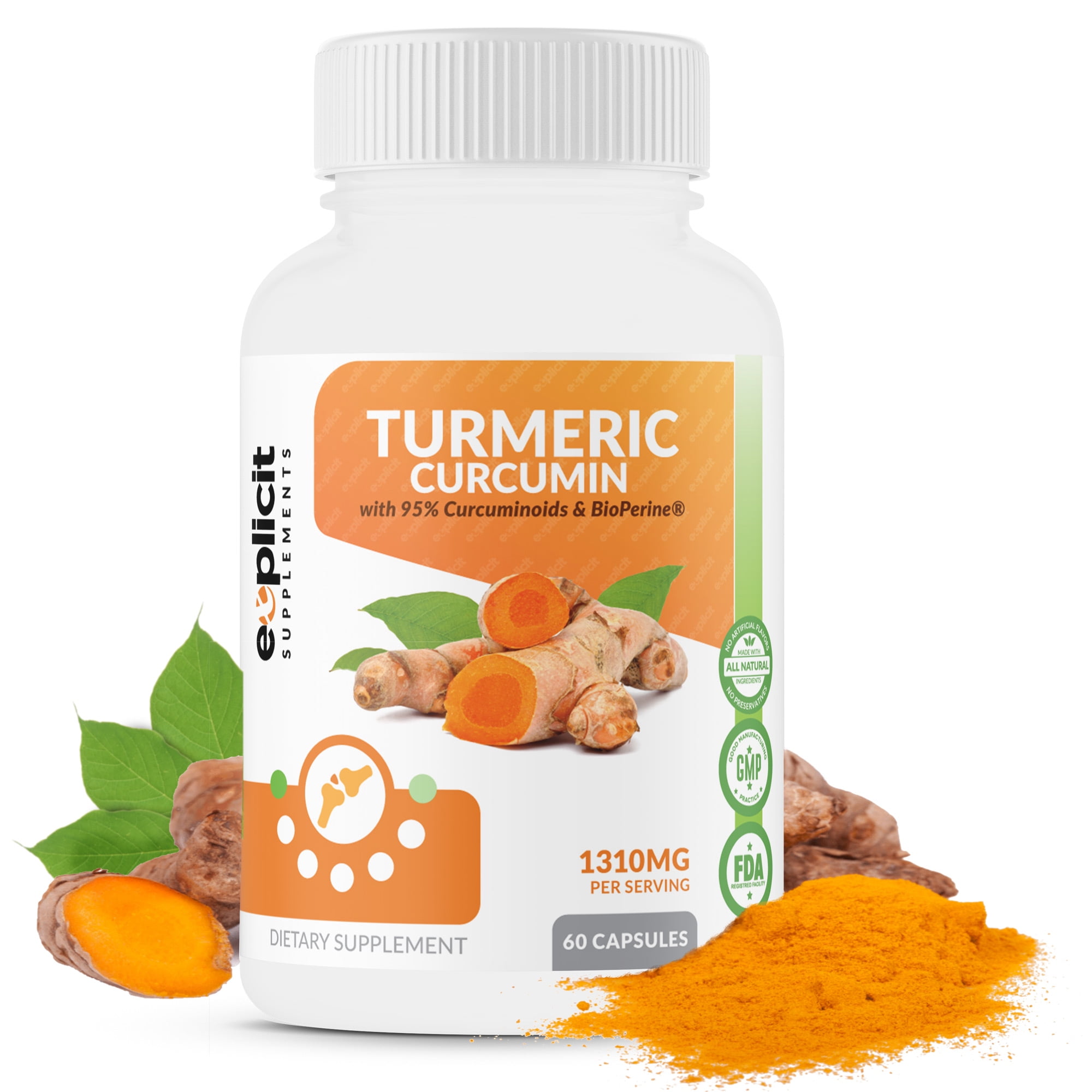 Natural Turmeric Curcumin (95%) 1300mg Daily Supplement - 30 Servings ...