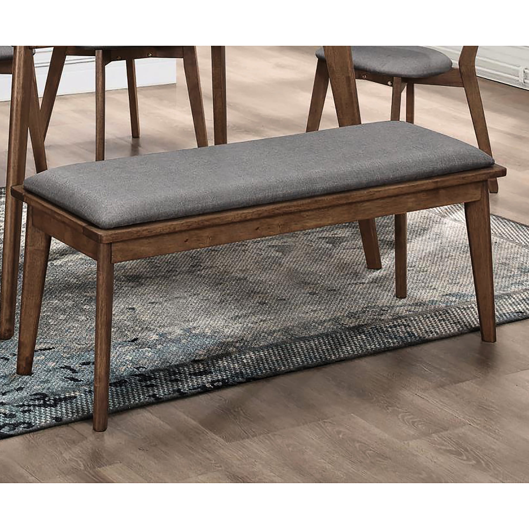 Natural Walnut Finish Bench With Grey Upholstered Seat, Mid-century ...