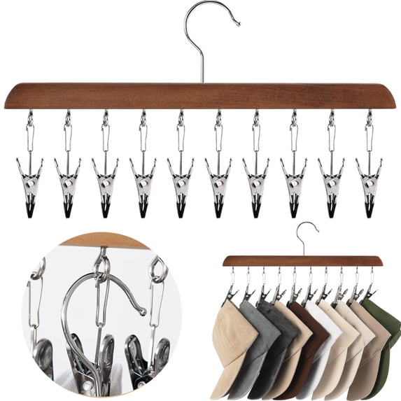 Natural Walnut Hat Rack Closet Organizer – 10 Adjustable Stainless ...