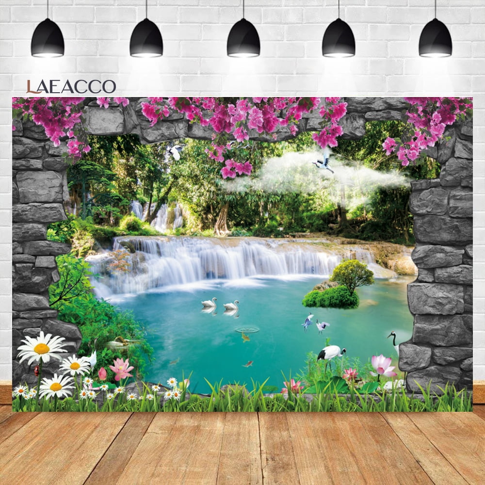 Natural Waterfall Backdrop Green Jungle Forest Mountain Water River Stone Landscape Kids ...