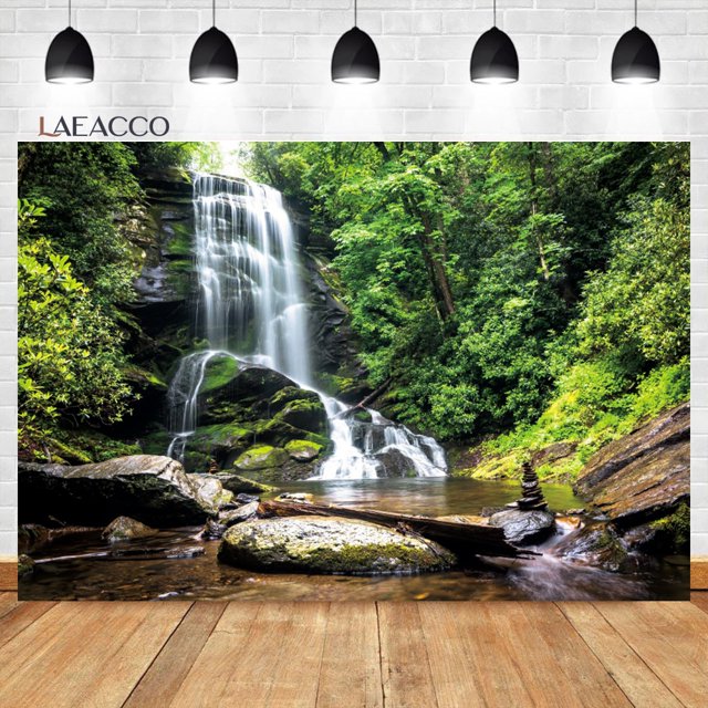 Natural Waterfall Backdrop Green Jungle Forest Mountain Water River ...