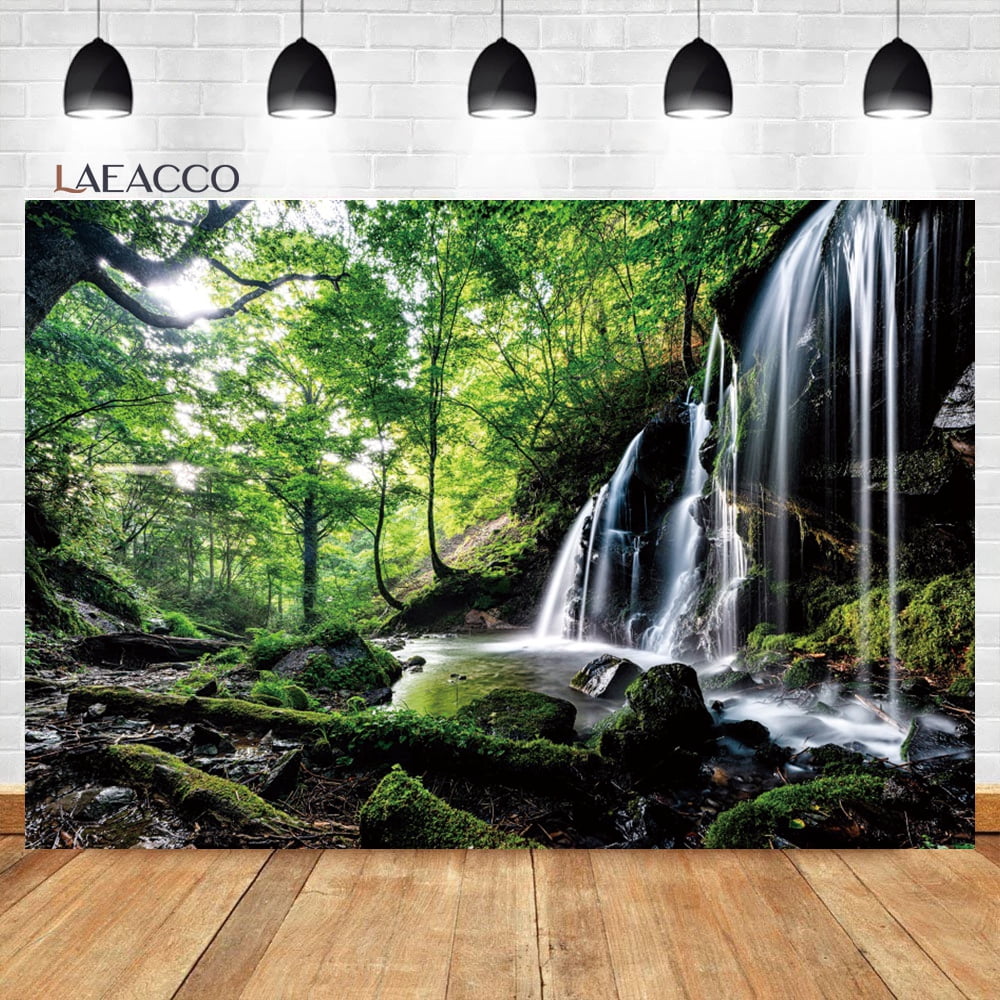 Natural Waterfall Backdrop Green Jungle Forest Mountain Water River ...