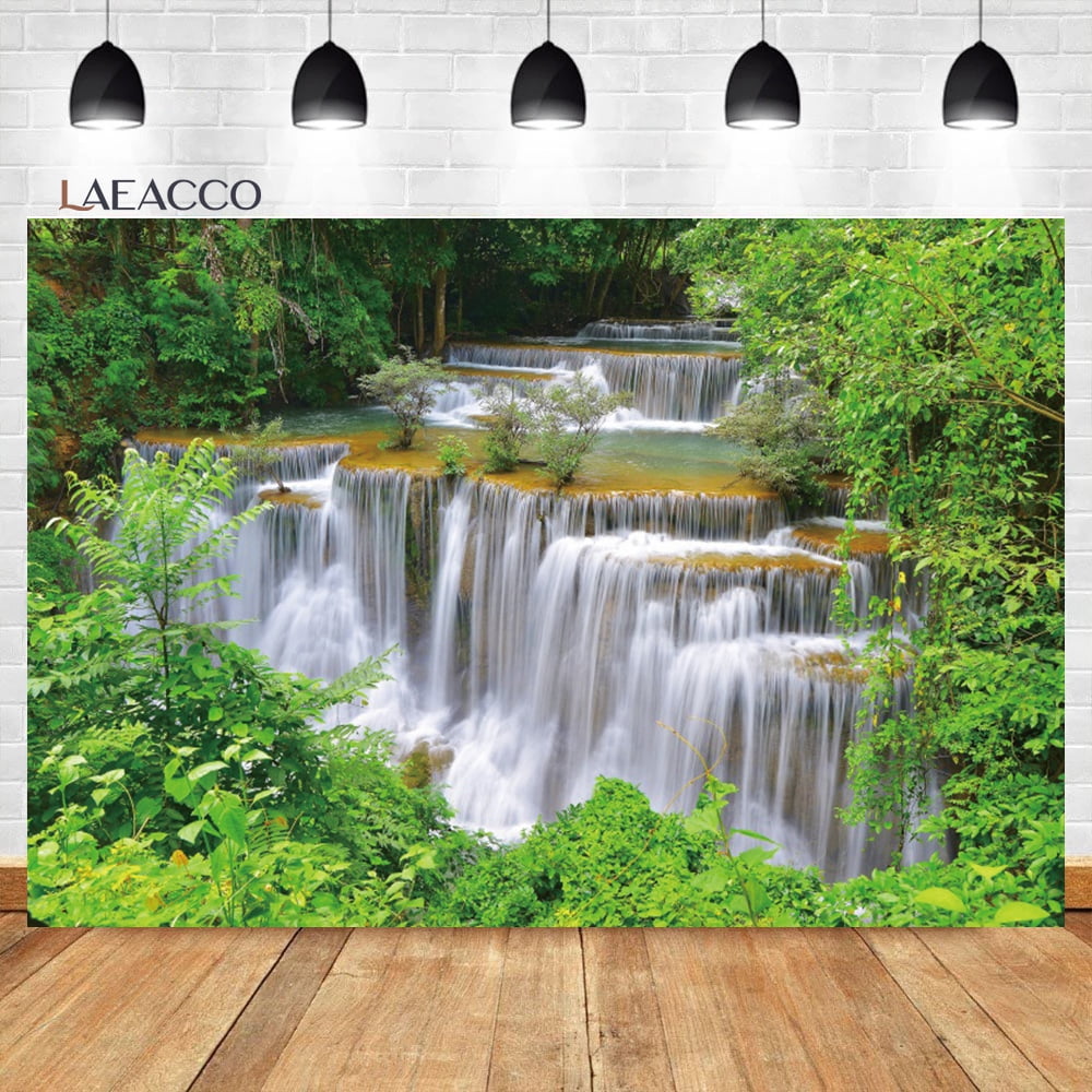 Natural Waterfall Backdrop Green Jungle Forest Mountain Water River ...
