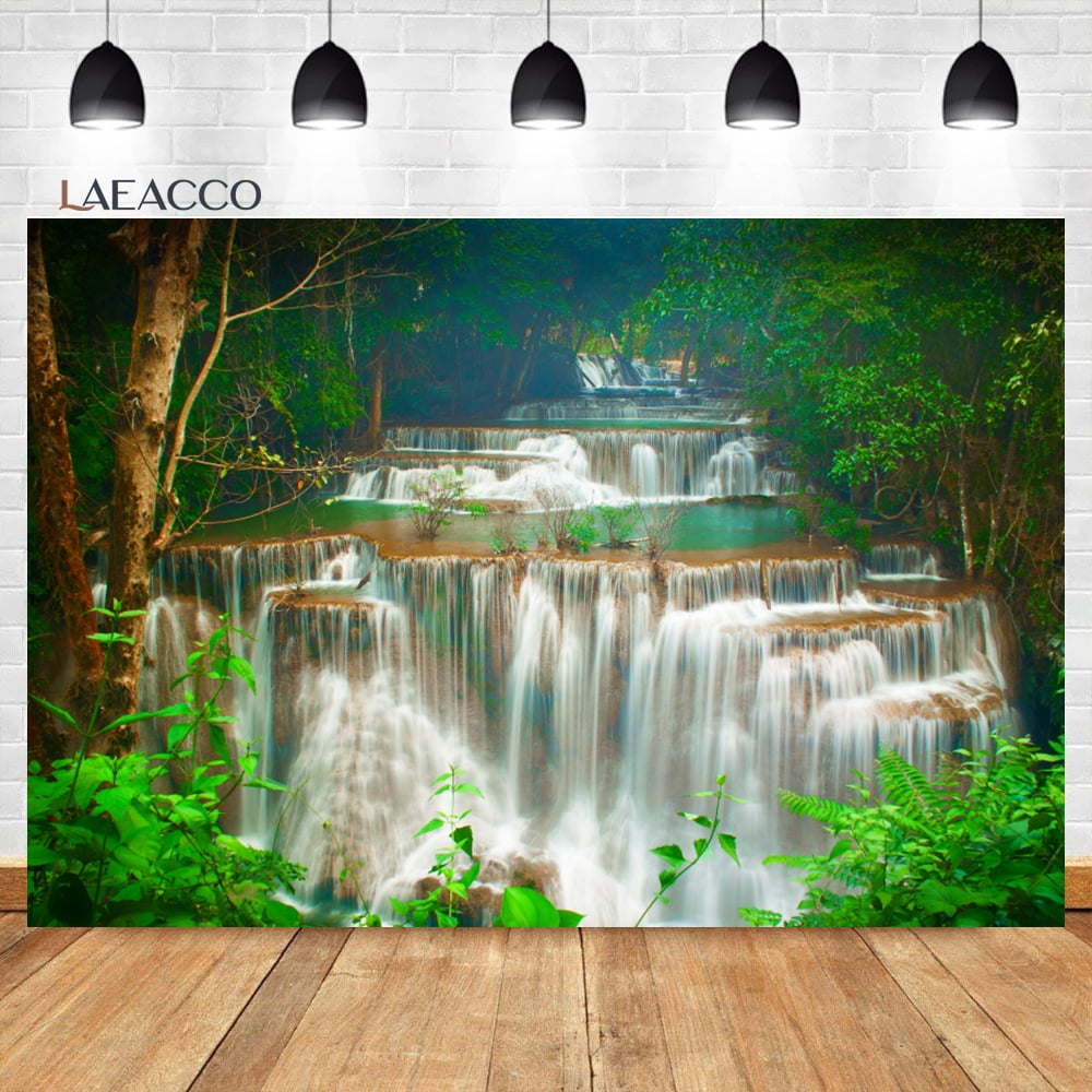 Natural Waterfall Backdrop Green Jungle Forest Mountain Water River ...