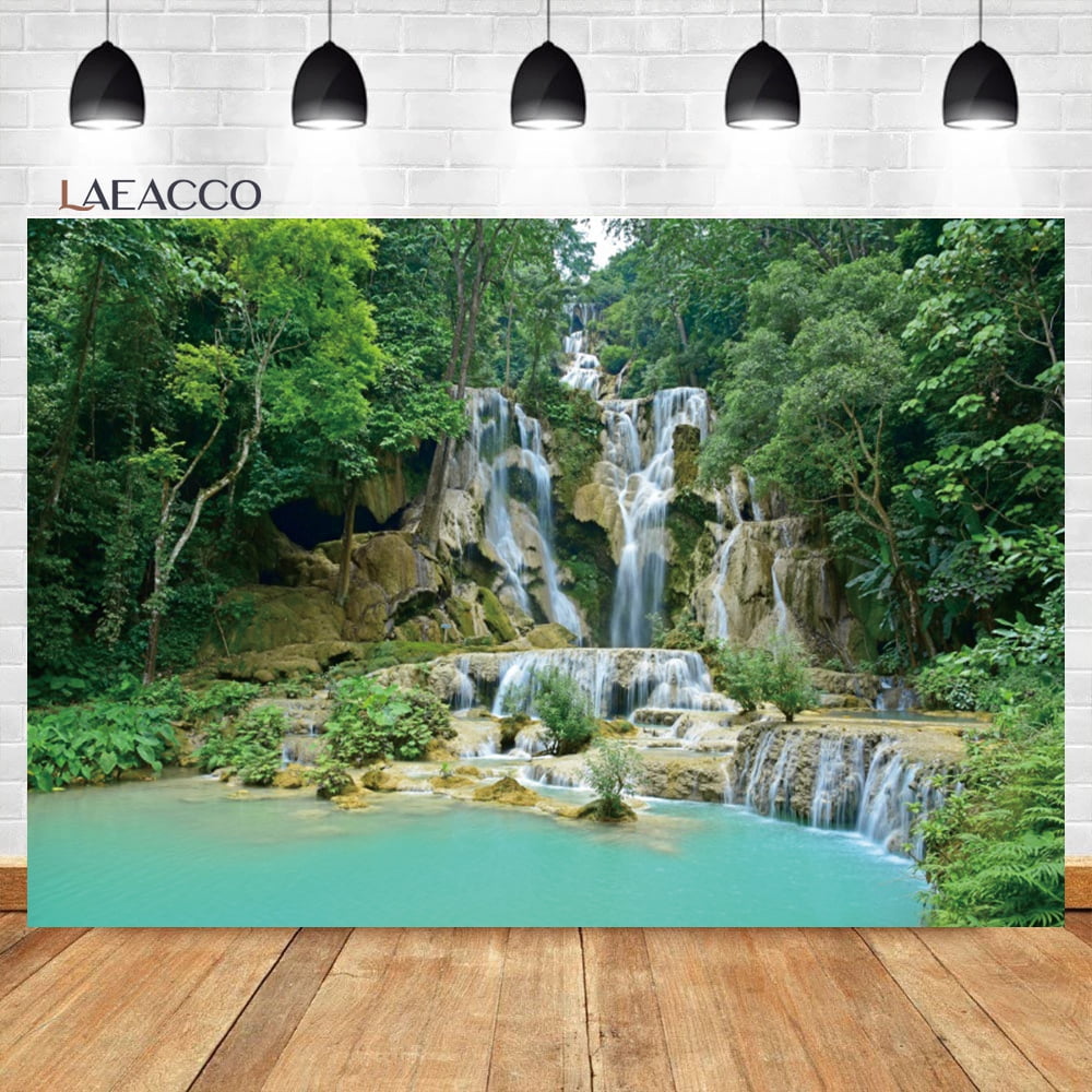 Natural Waterfall Backdrop Green Jungle Forest Mountain Water River ...