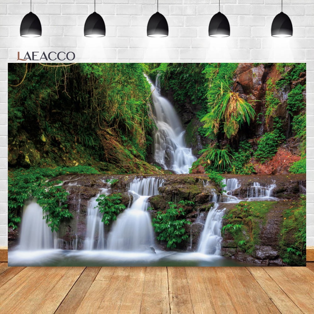Natural Waterfall Backdrop Green Jungle Forest Mountain Water River ...