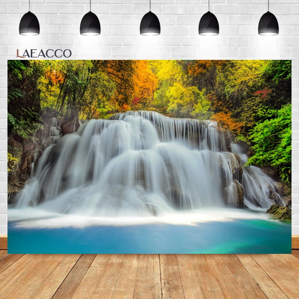 Natural Waterfall Backdrop Green Jungle Forest Mountain Water River ...