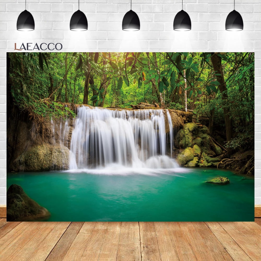 Natural Waterfall Backdrop Green Jungle Forest Mountain Water River ...