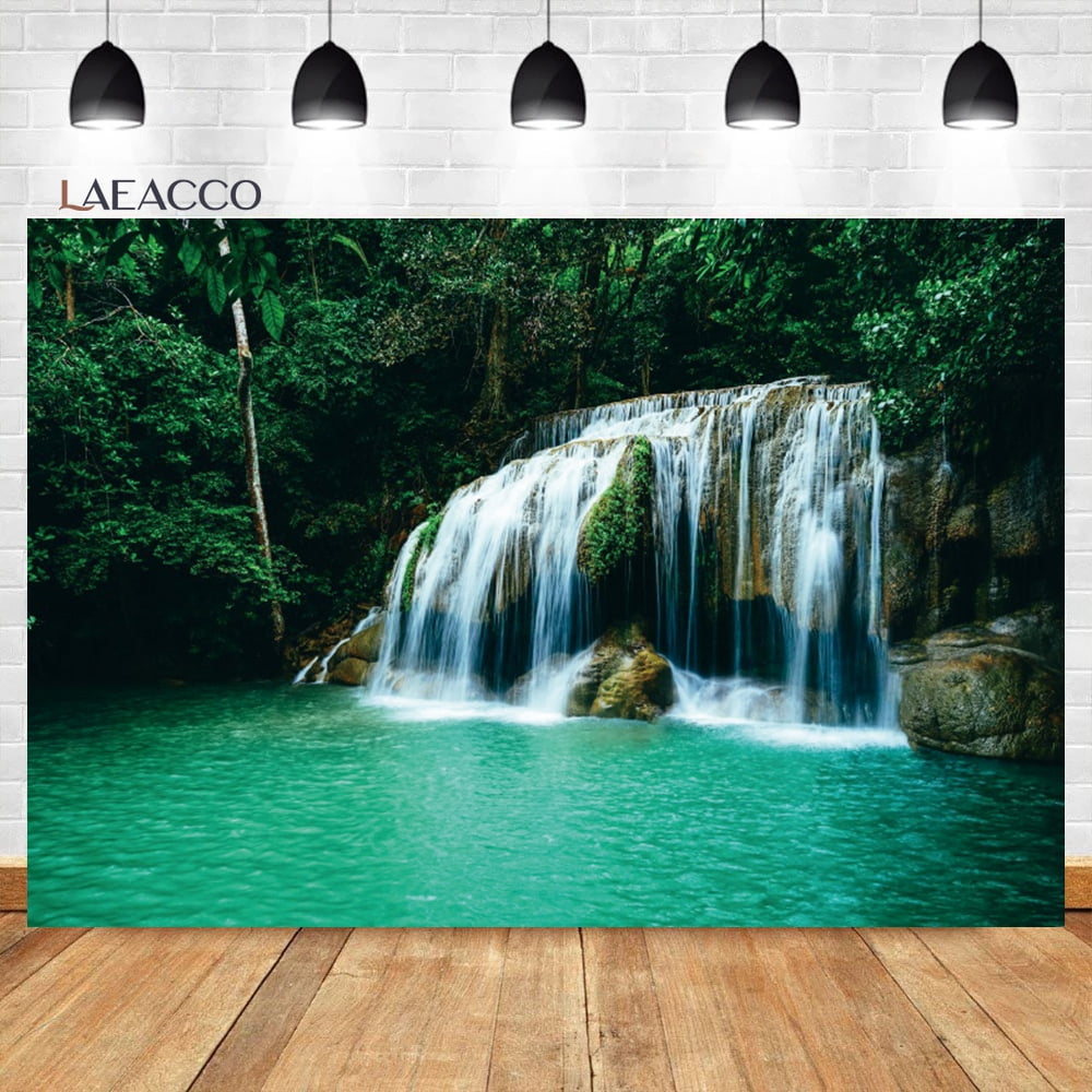 Natural Waterfall Backdrop Green Jungle Forest Mountain Water River ...