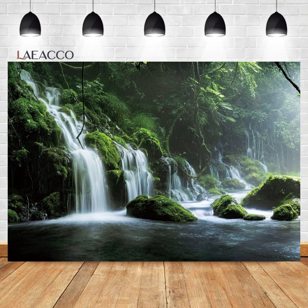 Natural Waterfall Backdrop Green Jungle Forest Mountain Water River ...