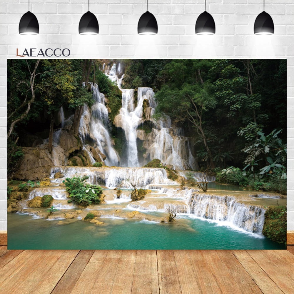 Natural Waterfall Backdrop Green Jungle Forest Mountain Water River ...