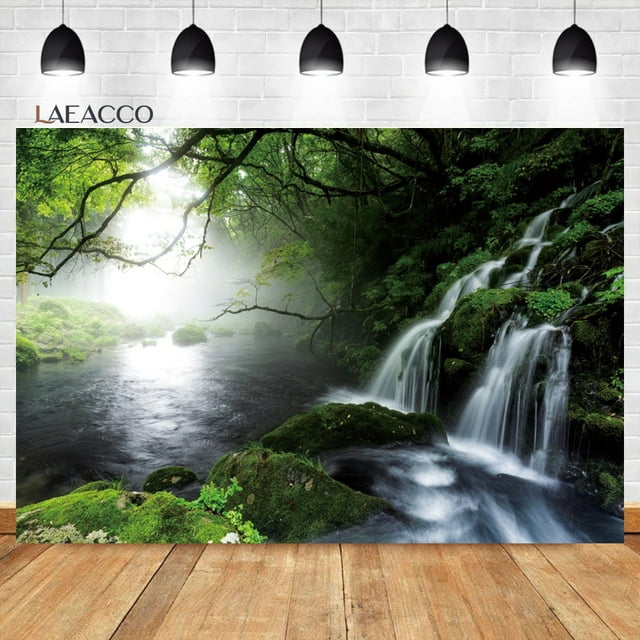 Natural Waterfall Backdrop Green Jungle Forest Mountain Water River ...