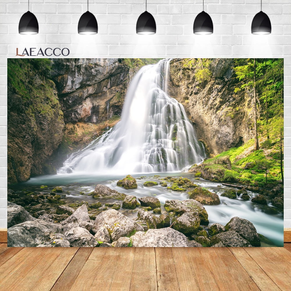 Natural Waterfall Backdrop Green Jungle Forest Mountain Water River ...
